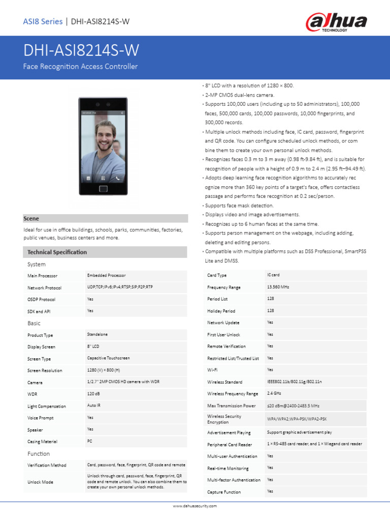DHI-ASI8214S-W Face Recognition Specs | PDF | Ieee 802.11 | Computing