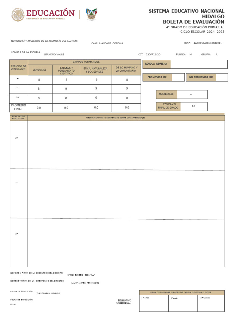 Boleta Interna Segundo Trimestre 4°a | PDF | Escuelas | Maestros