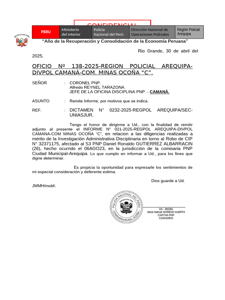 Oficio Remite Actuados Policiales | PDF