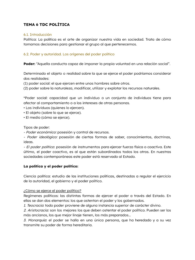 TEMA 6 TDC POLÍTICA | PDF | Democracia | Ideologías políticas