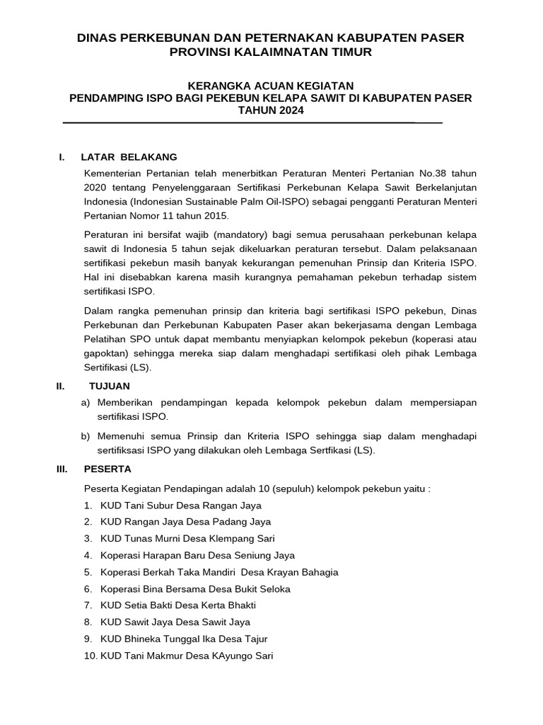 KAK - Pendampingan ISPO-KAB PASER | PDF