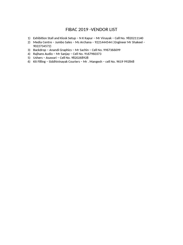 Vendor List | PDF