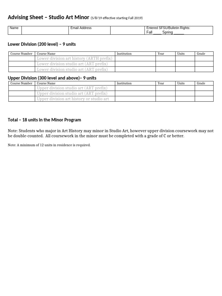 Studio Art Minor - Advising Sheet - 5 - 8 - 19 | PDF