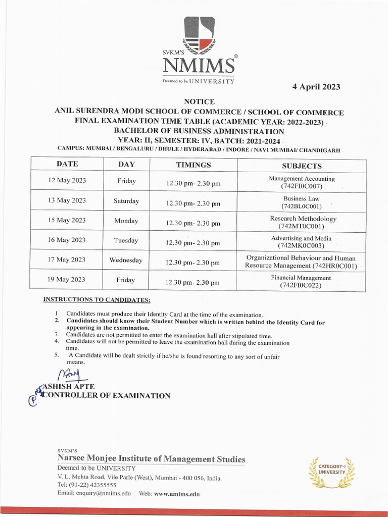 BBA Sem IV Final Exam Time Table 2022-23 | PDF