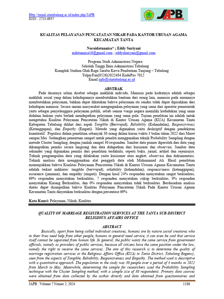Kualitas Pelayanan Pencatatan Nikah Pada Kantor Urusan Agama Kecamatan Tanta | PDF