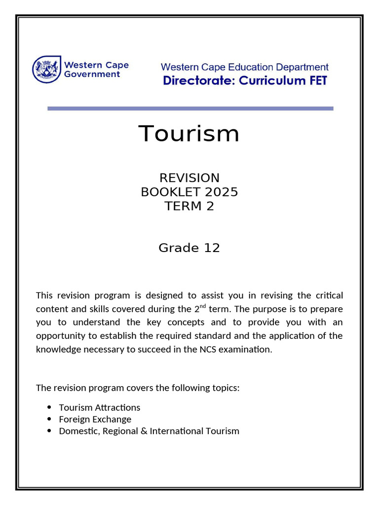 Grade 12 Tourism Revision Booklet 2025 | PDF | Gross Domestic Product ...