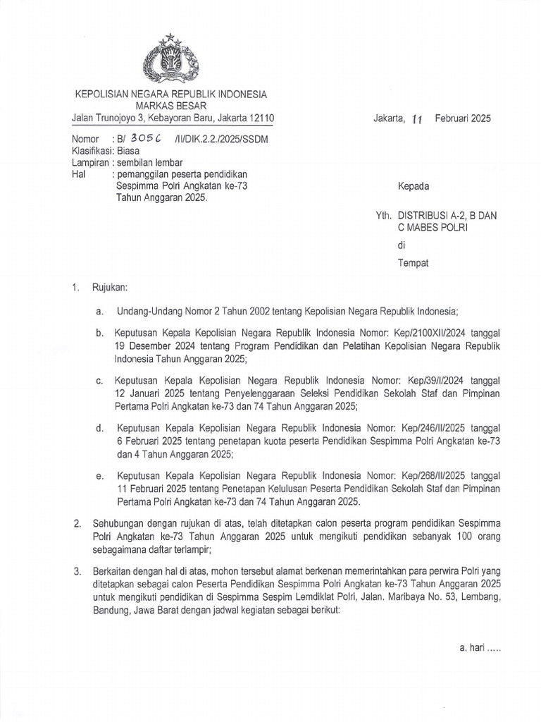 Panggil Dik Sespimma Angkatan Ke 73 Ta 2025 | PDF