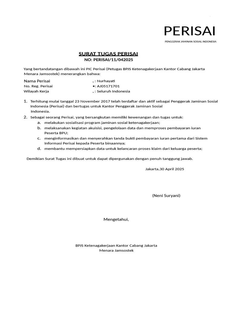 Surat Tugas Perisai | PDF