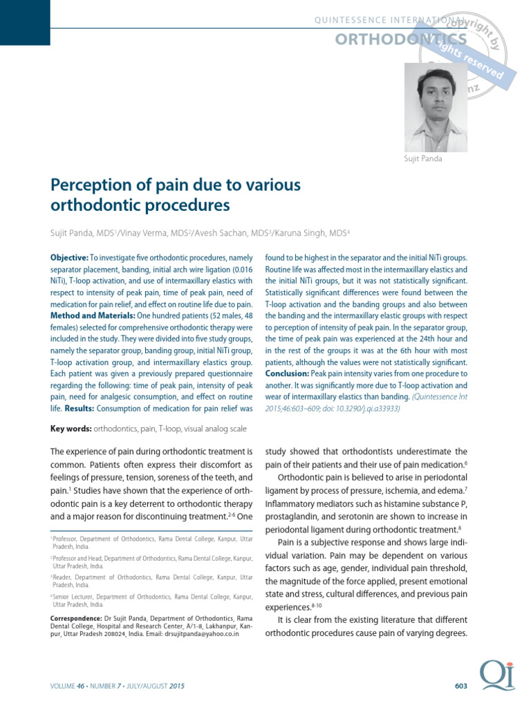 Pain Perception in Orthodontic Procedures | PDF | Orthodontics | Pain