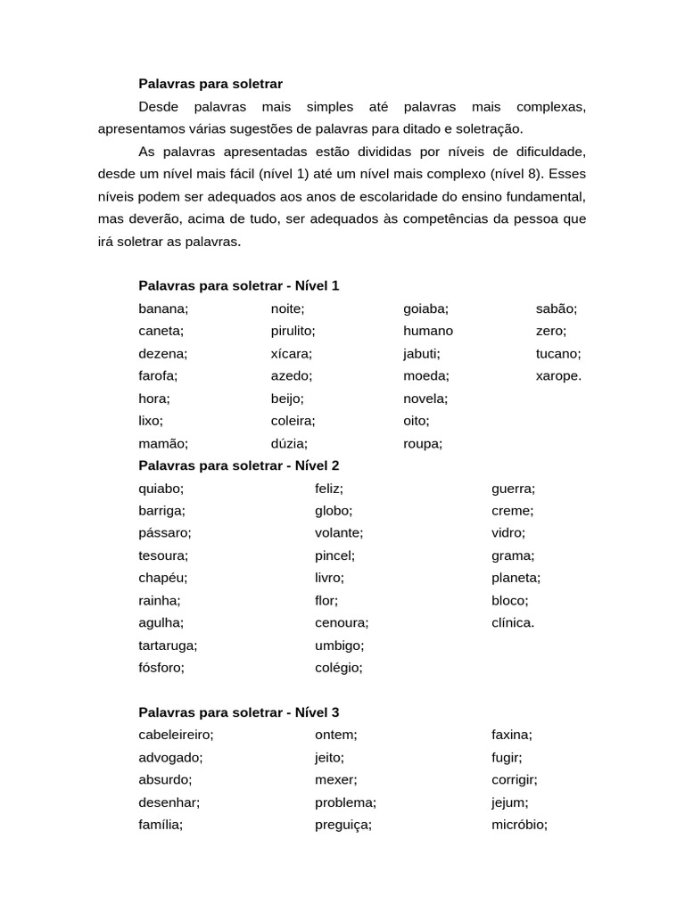 Palavras para Soletrar por Nível | PDF