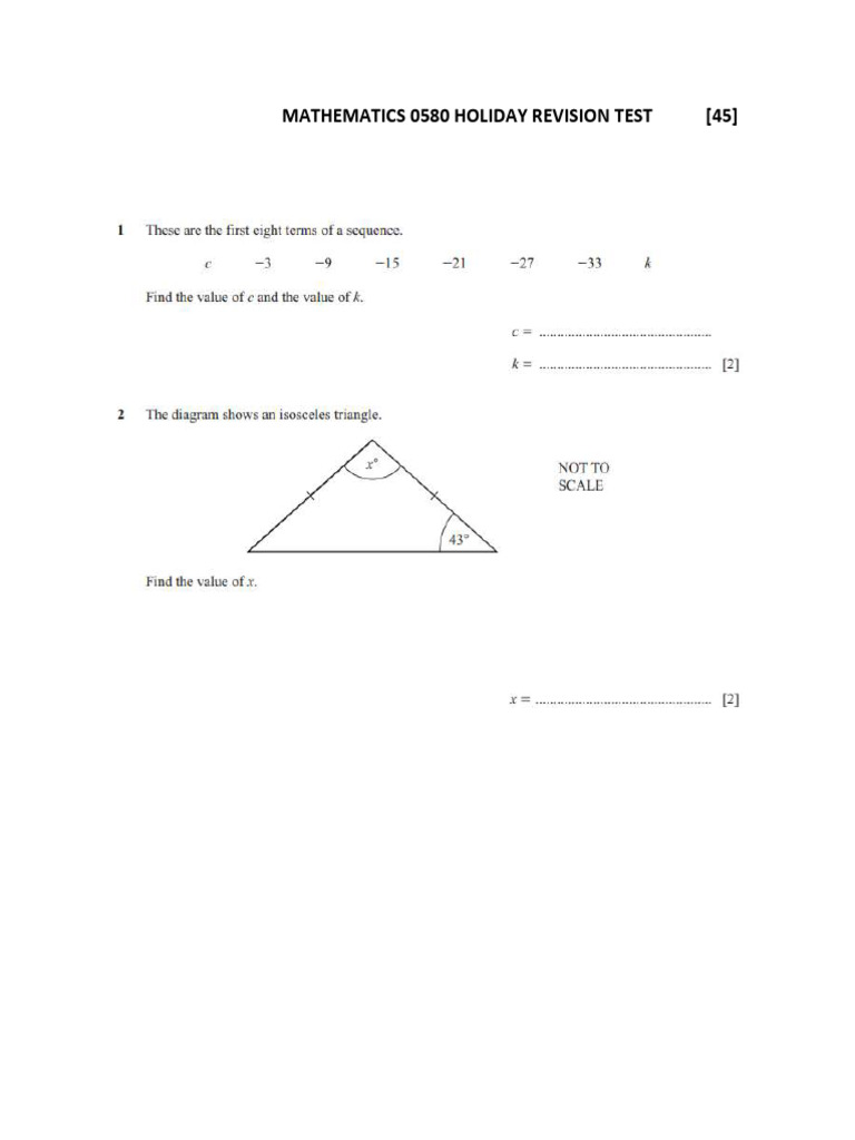Mathematics 0580 Holiday Revision Test | PDF