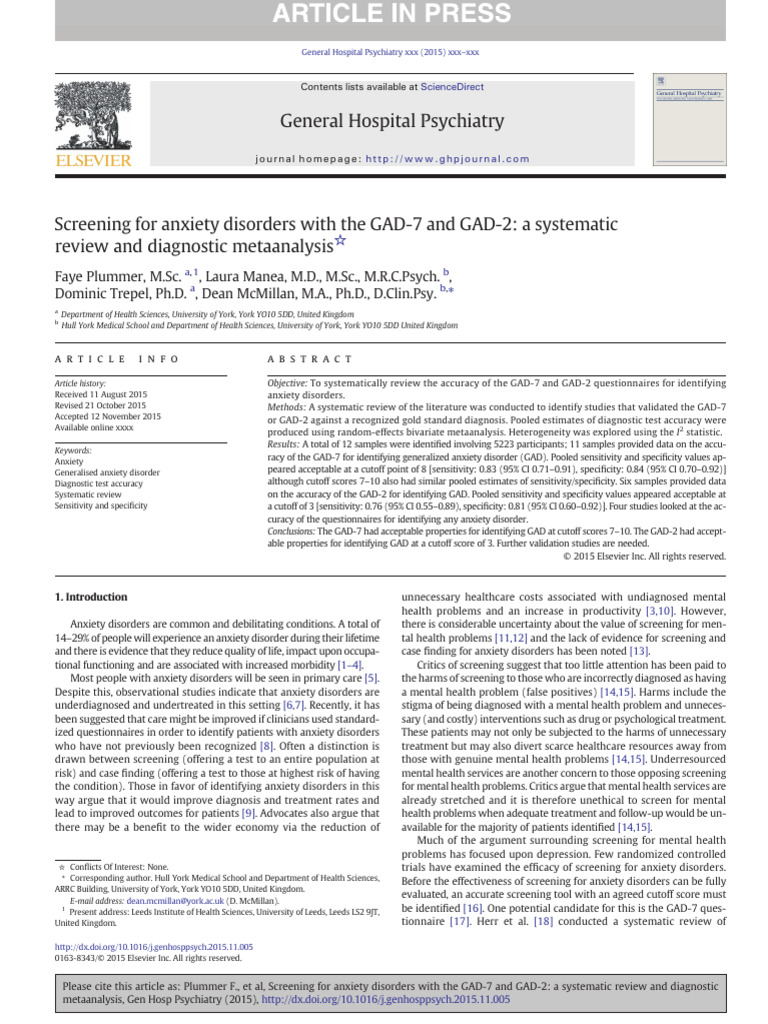 O Systematically Review The Accuracy of The GAD-7 and GAD-2 ...