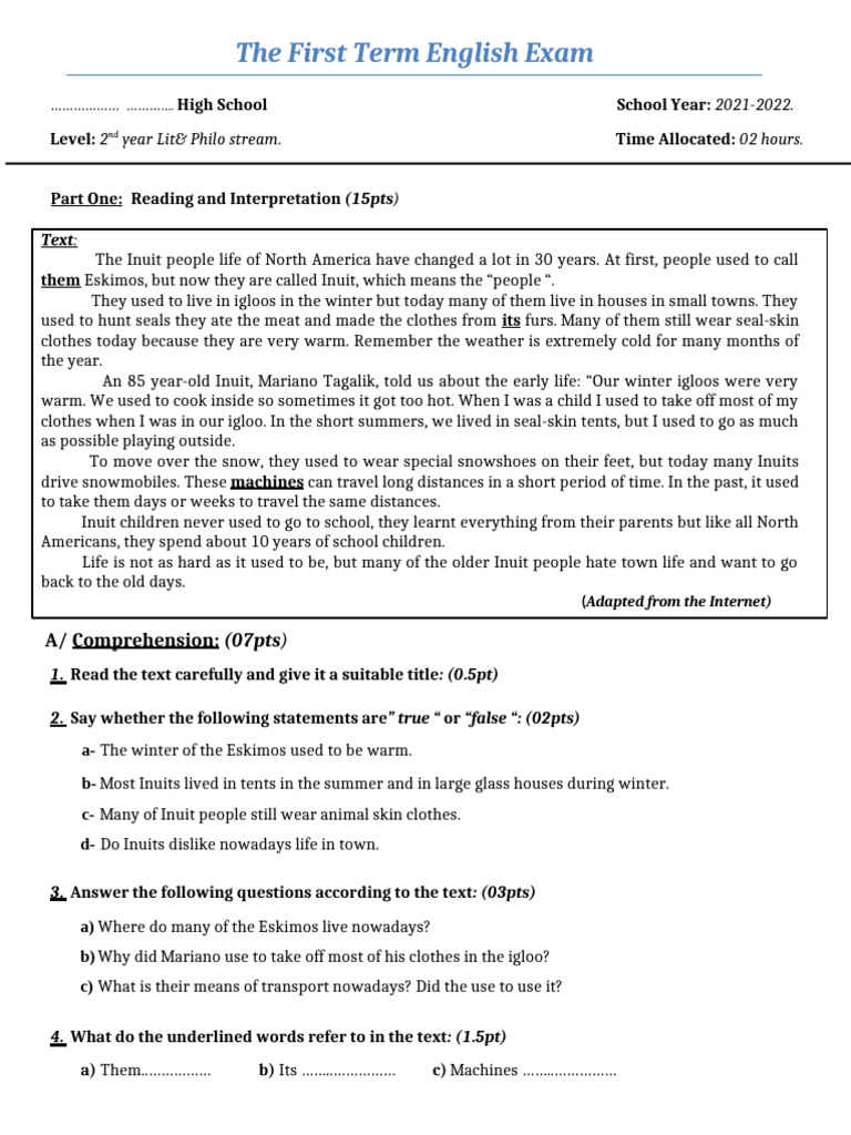 02 L.PH Exam Eskimos Life | PDF | Linguistics