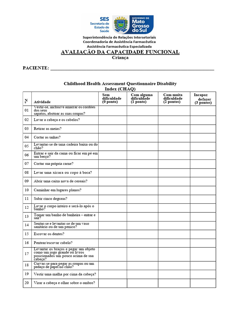 Avaliação Funcional Infantil CHAQ | PDF