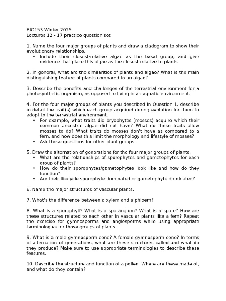 BIO153 Lecture 12 - 17 Questions | PDF | Plants | Biology