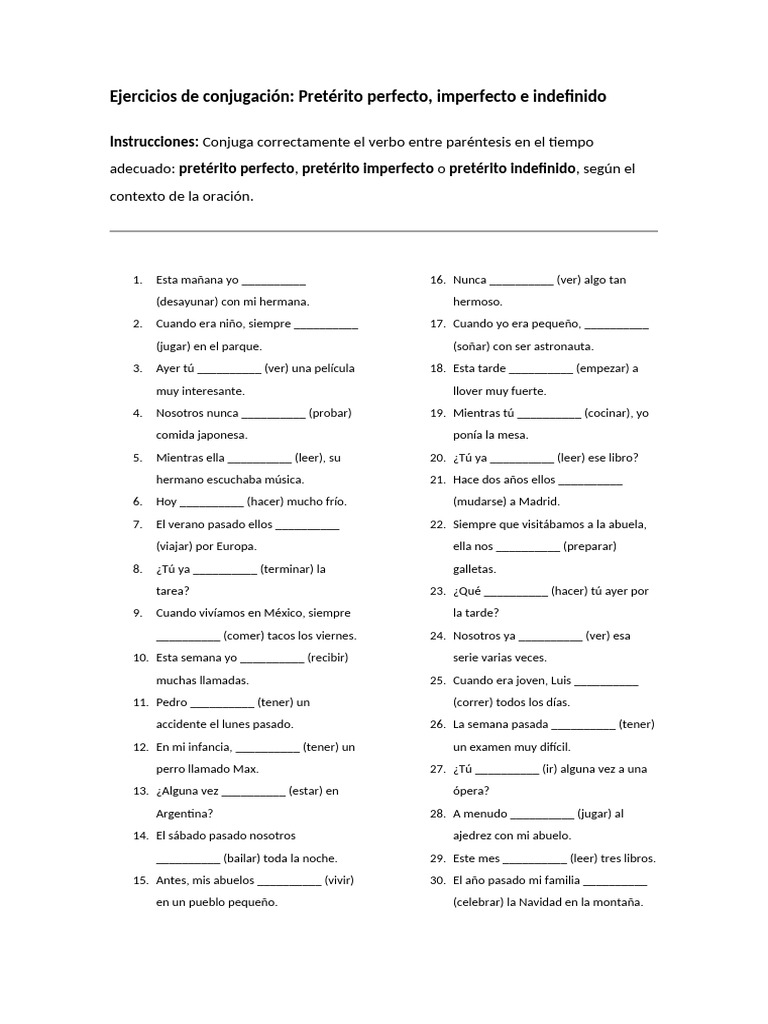 Ejercicios de conjugación verbal en español | PDF