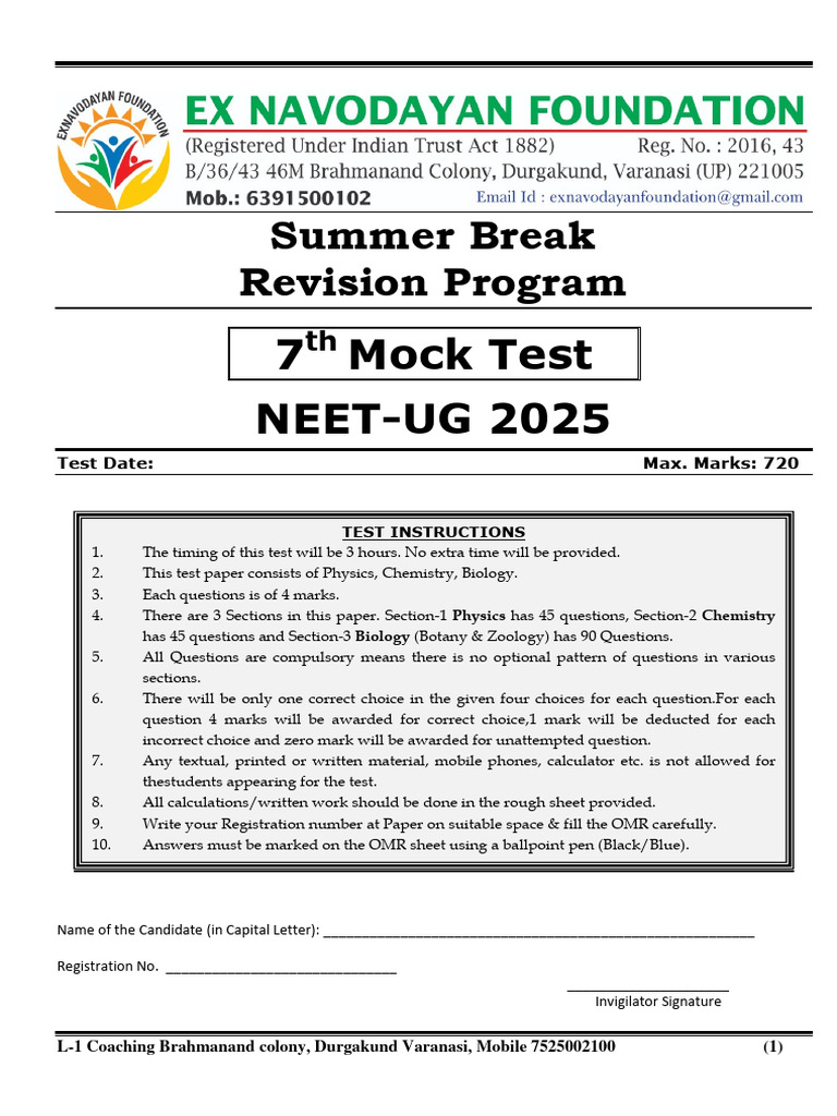 Set 7 NEET Full Syllabus - Paper-7 Sandeep Sir, Ajay Sir, Ambresh Sir | PDF | Atoms | Meiosis