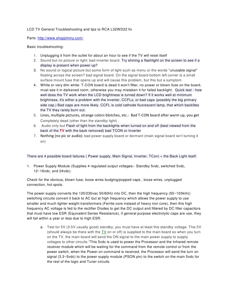 RCA L32WD22 LCD TV Troubleshooting Guide | PDF | Power Supply | Power ...