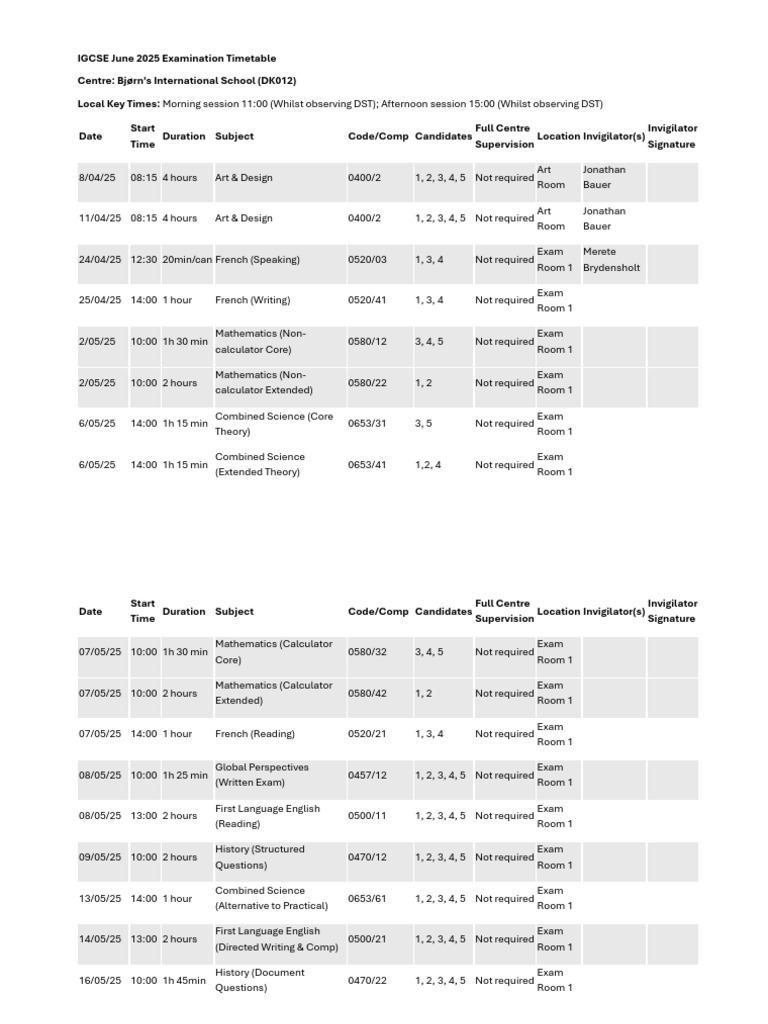 IGCSE June 2025 Examination Timetable BIS | PDF | Student Assessment ...