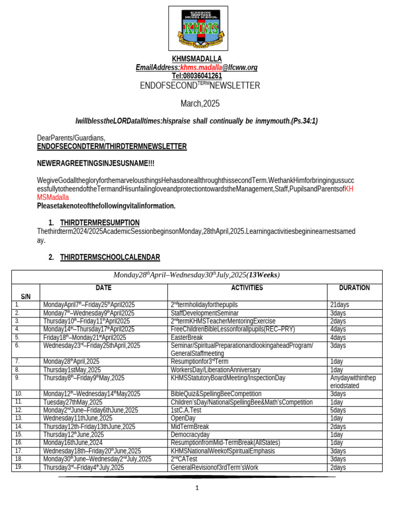 KHMS Calendar & Newsletter For Third Term 2024-2025 Session | PDF