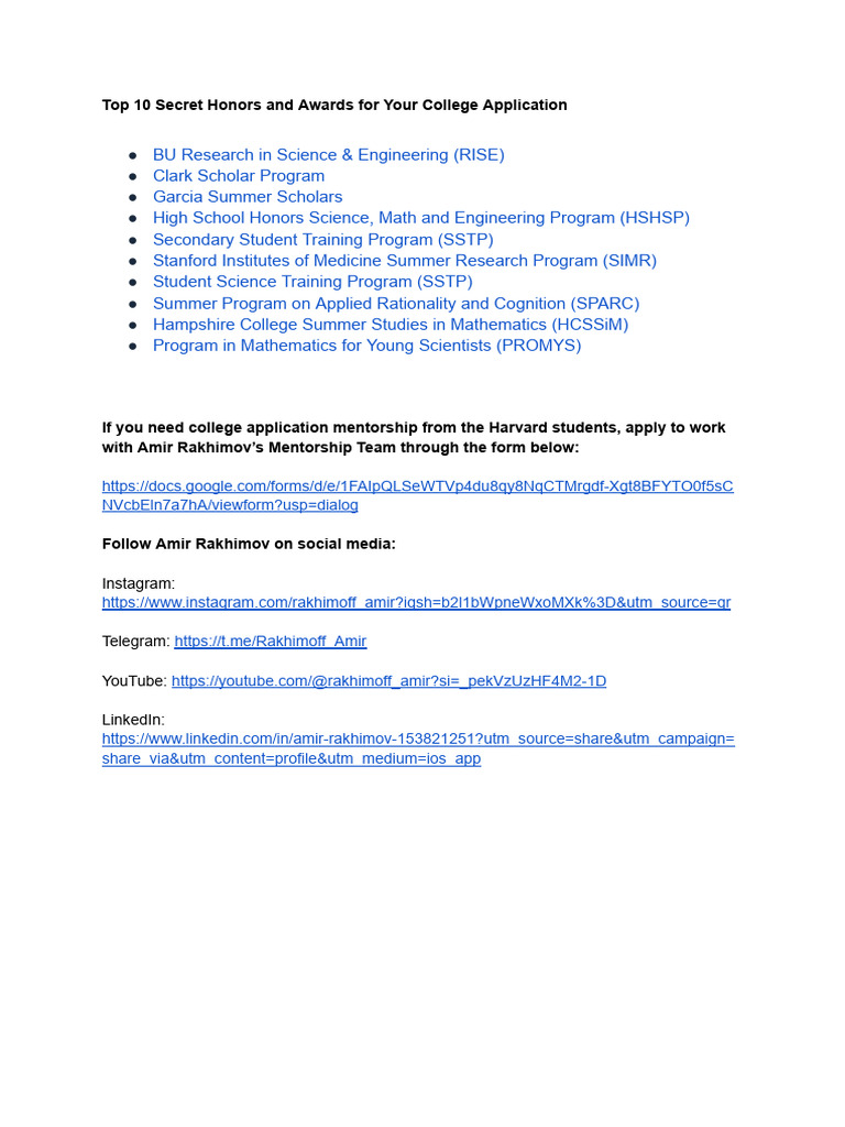 Top 10 Secret Honors and Awards For Your College Application | PDF
