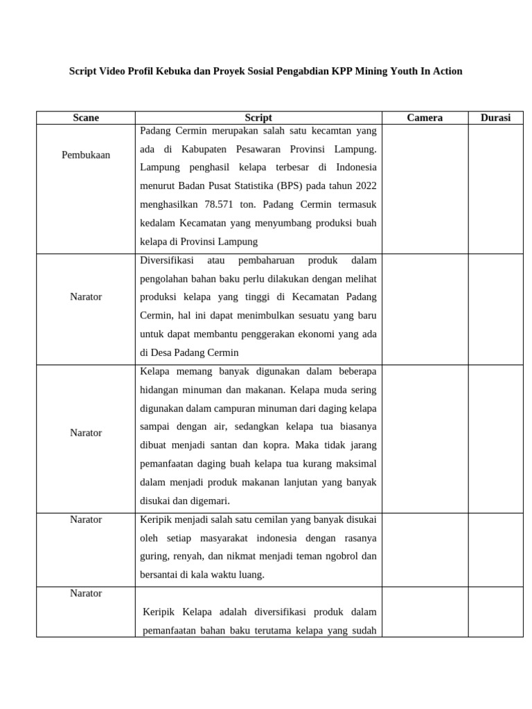 Script Video Profil Kebuka Dan Proyek Sosial Pengabdian KPP Mining Youth in Action | PDF