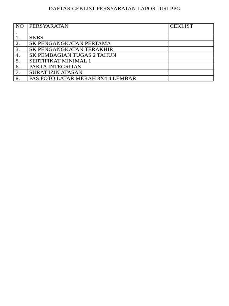 Daftar Ceklist Persyaratan Lapor Diri PPG | PDF