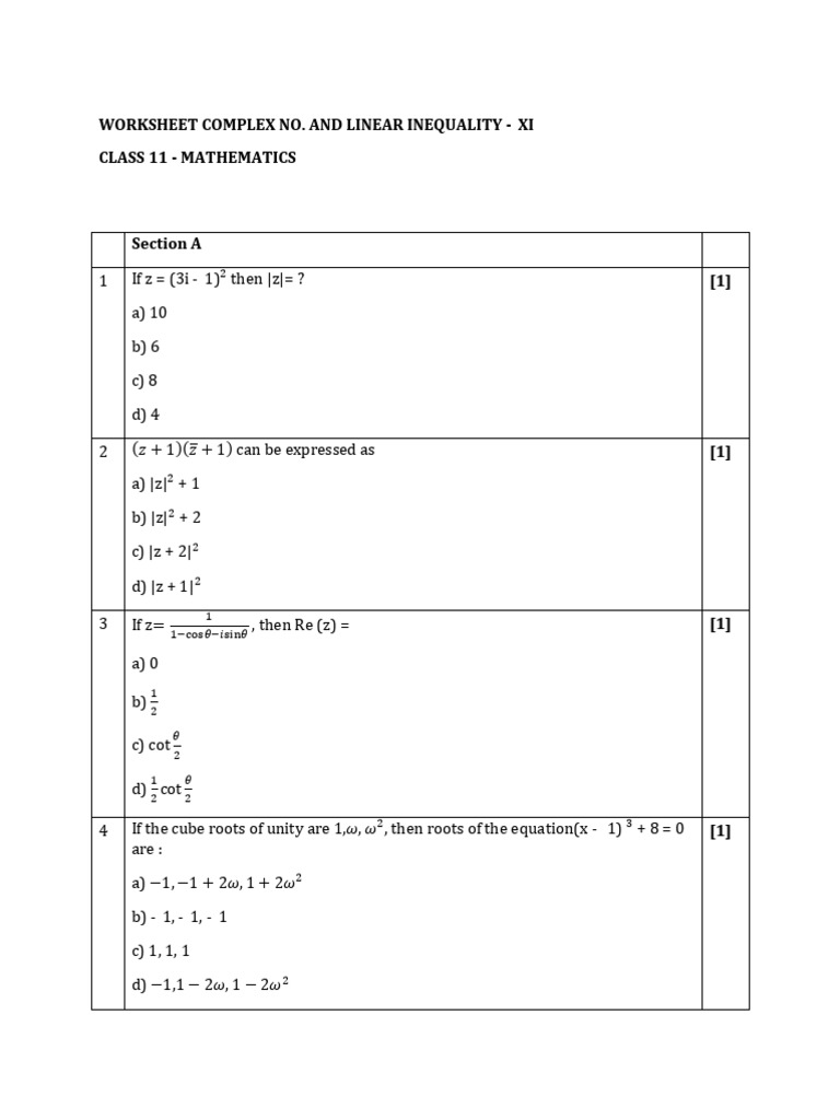W.S. Complex No. & Linear Inequality Xi | PDF | Complex Number | Arithmetic