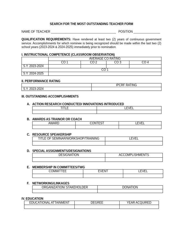 Outstanding Teacher Nomination Form | PDF