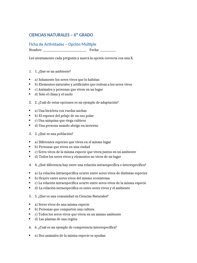 Actividades de Ciencias Naturales 6º Grado | PDF