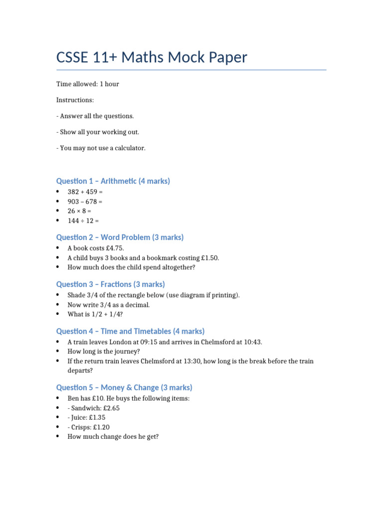 CSSE 11+ Maths Mock Paper | PDF