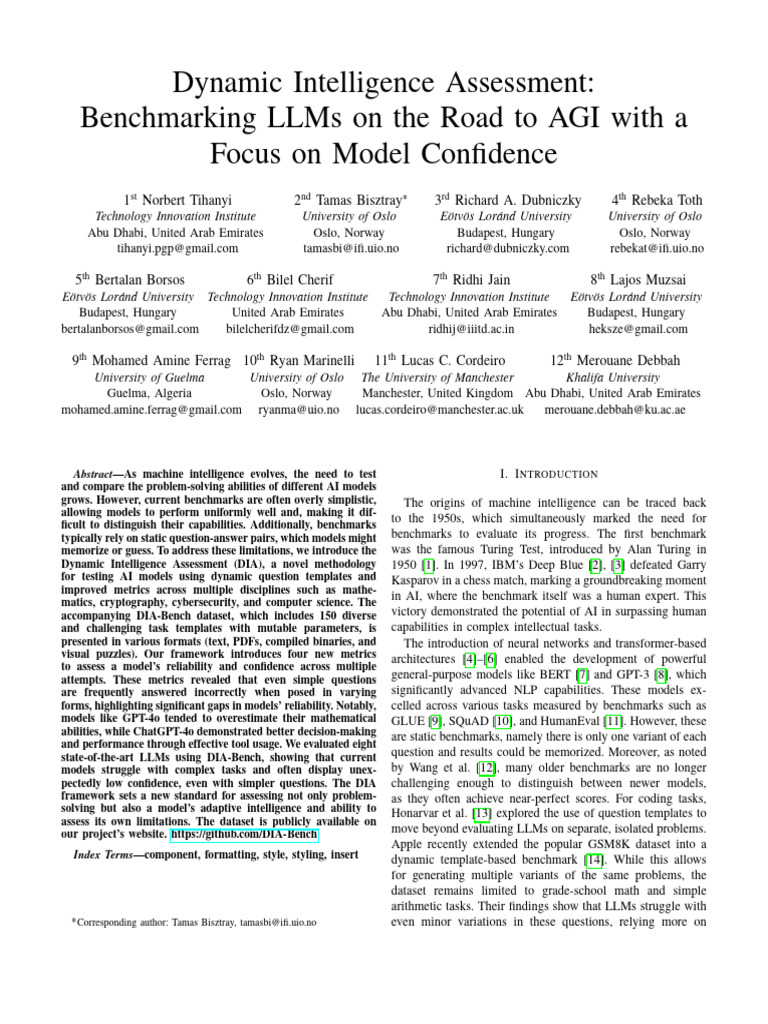 Dynamic Intelligence Assessment: Benchmarking Llms On The Road To Agi With A Focus On Model ...