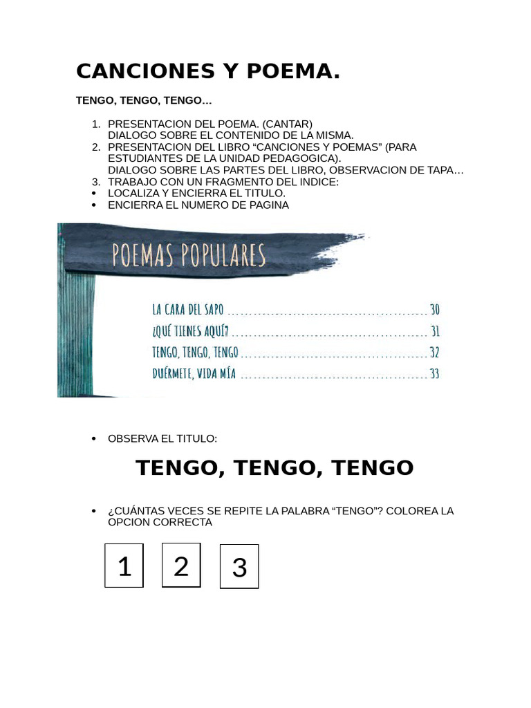 Actividades con el poema "Tengo, Tengo, Tengo" | PDF