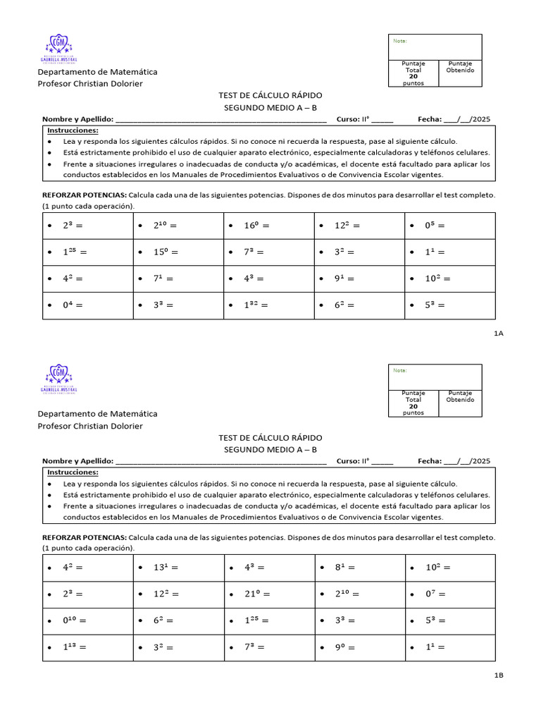Cálculo Mental Matemática 2°medios (N°1) - 08 Abril 2025 | PDF