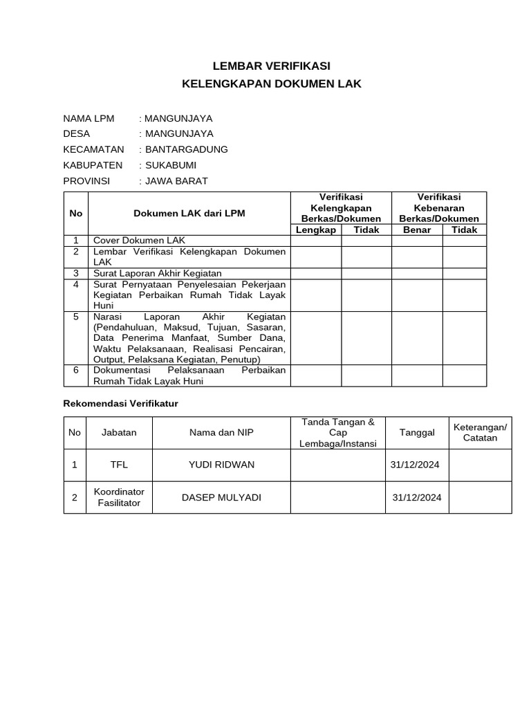 2. Format IV-1 Lembar Verifikasi LAK | PDF