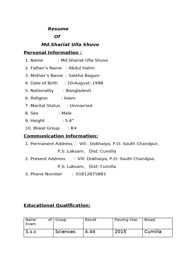 Resume of Md.Shariat Ulla Shuvo | PDF
