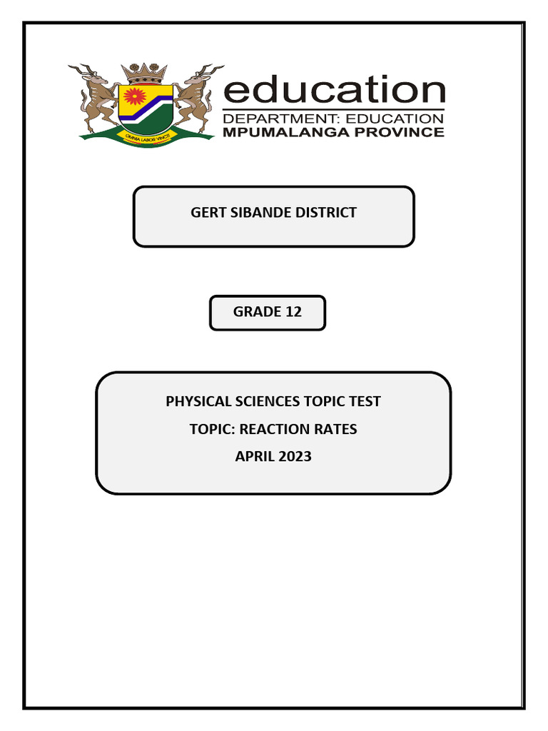 Grade 12 Reaction Rates Test 2023 | PDF | Chemical Reactions | Reaction ...