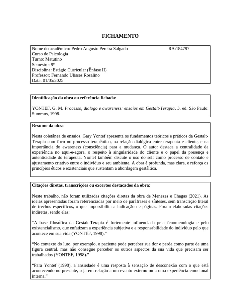 Fichamento 15 - Yontef | PDF | Experiência | Consciência