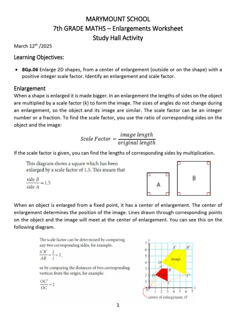 7th Grade Math: Enlargements Worksheet | PDF | Multiplication | Arithmetic