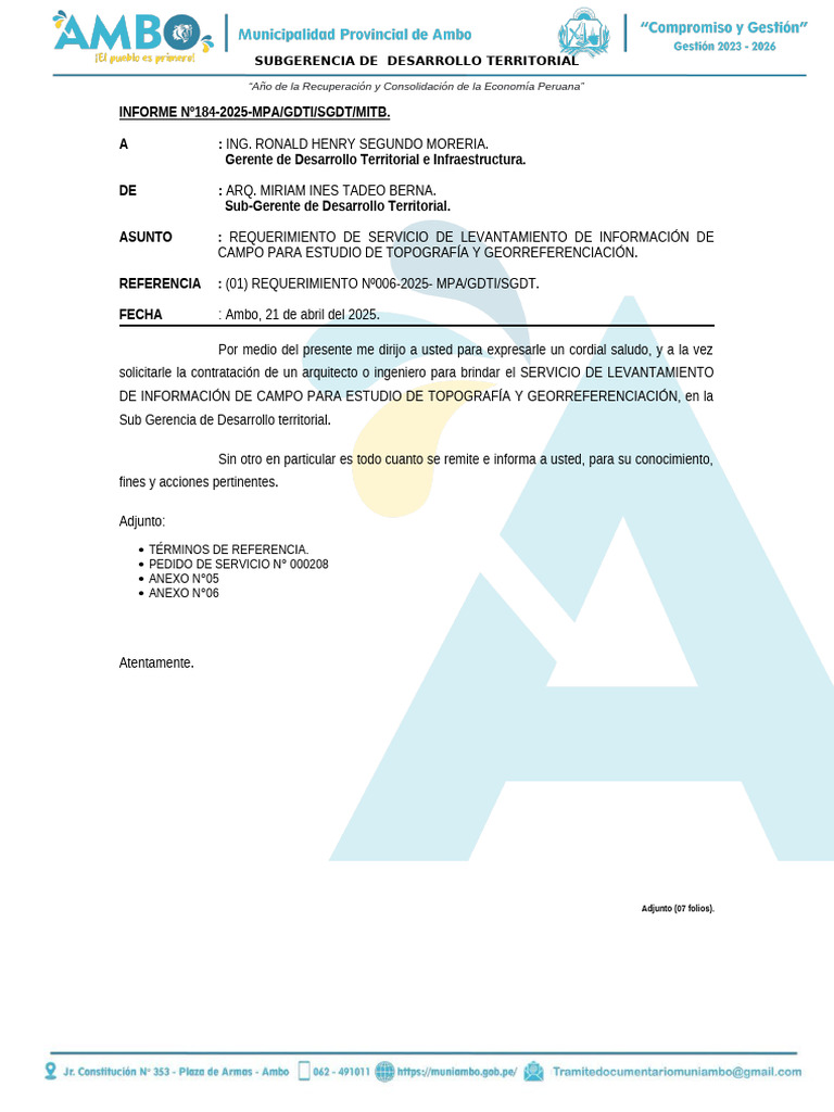 Informe Nº184-2025-Sgdt-Mpa-Mitb - Requerimiento Serv. de Levantamiento de Informacion y Topo 75 ...