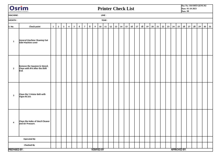 SMT-GEN-C-02 Printer CS Check List | PDF