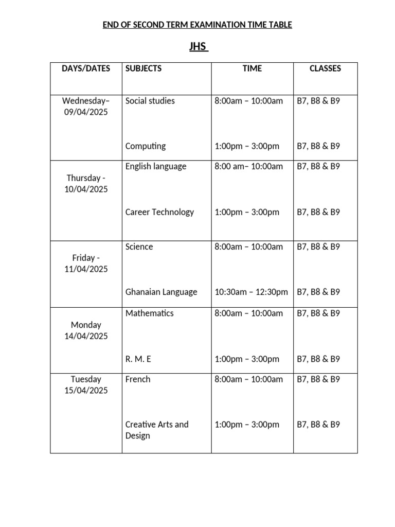 EXAM Timetable - 2nd Term | PDF
