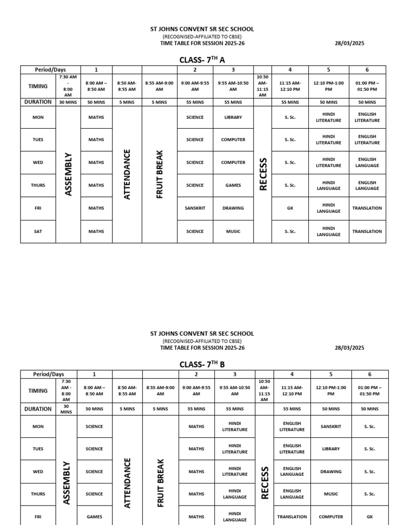 CLASS - 7 TIMETABLE SESSION 2025-26 | PDF | South Asia | Language Varieties And Styles