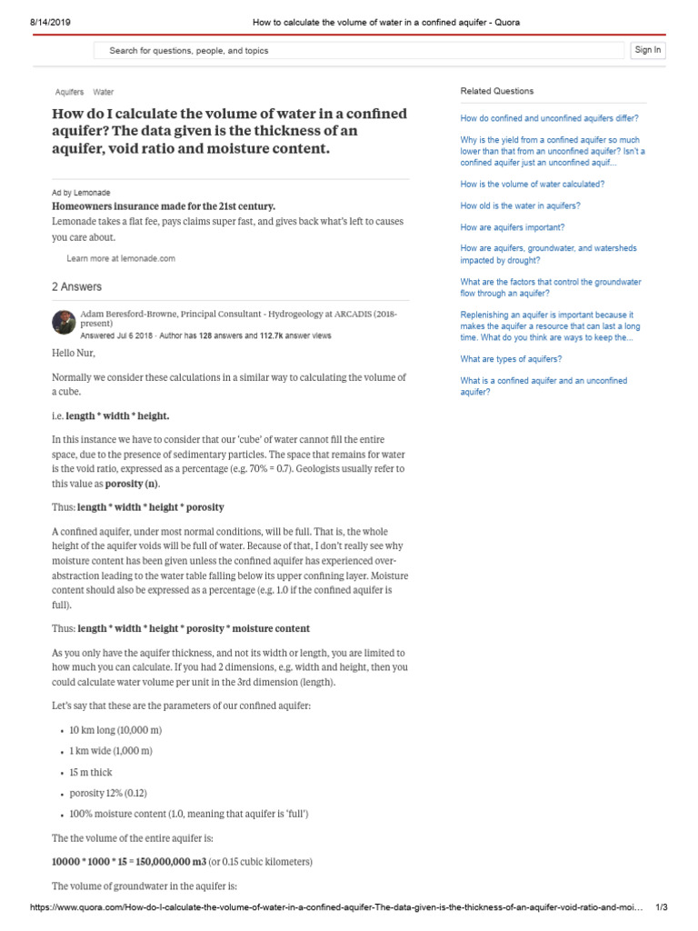 How To Calculate The Volume of Water in A Confined Aquifer - Quora | PDF | Aquifer | Groundwater