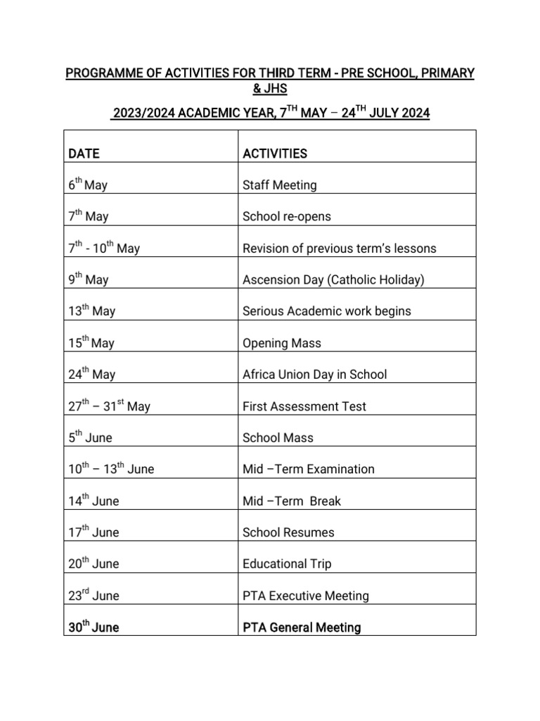 Third Term Activities Schedule 2024 | PDF