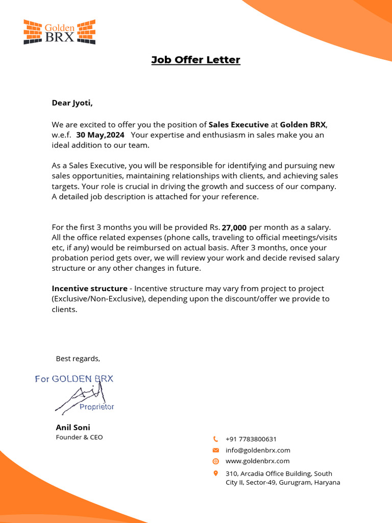 Jyoti GBRX Offer Letter | PDF