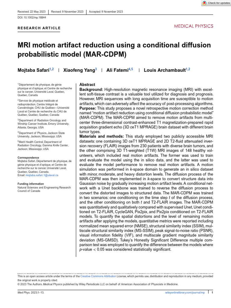 Medical Physics - 2023 - Safari - MRI motion artifact reduction using a conditional diffusion ...