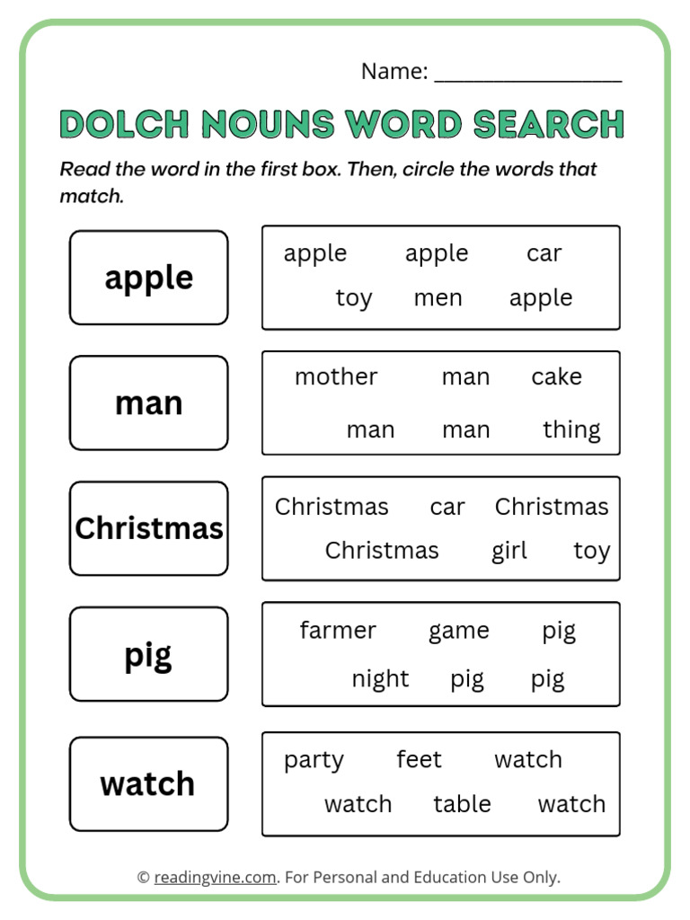 Dolch Nouns Word Search Sight Words | PDF