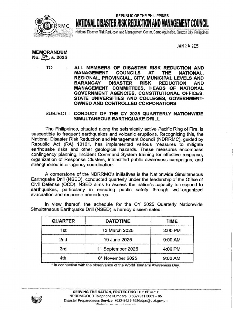 NDRRMC Memo No. 27 S. 2025 - Cy 2025 Nsed Schedule | PDF
