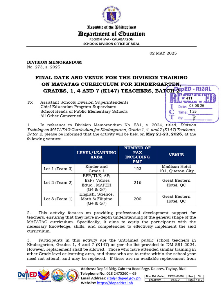 MATATAG Curriculum Training Memo K147 | PDF